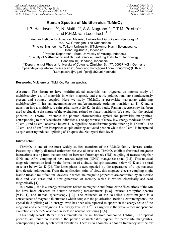 Raman Spectra of Multiferroics TbMnO3 | Scientific.Net