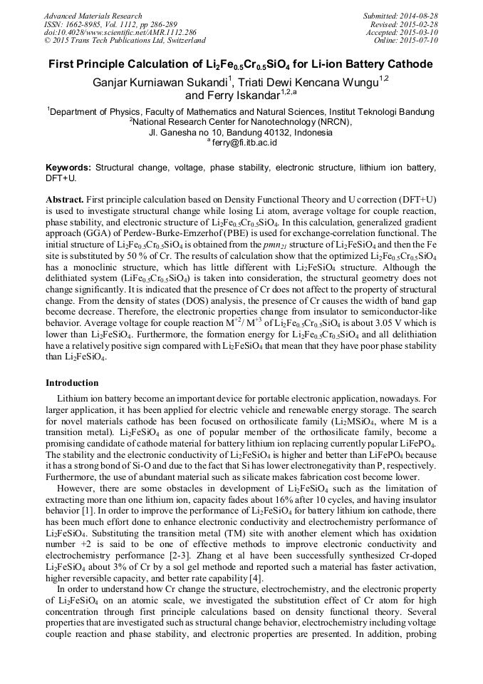 First Principle Calculation of Li2Fe0.5Cr0.5SiO4 for Li-Ion Battery ...