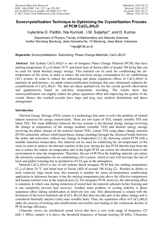 Sonocrystallization Technique to Optimizing the Crystallization Process of PCM CaCl2.6H2O ...