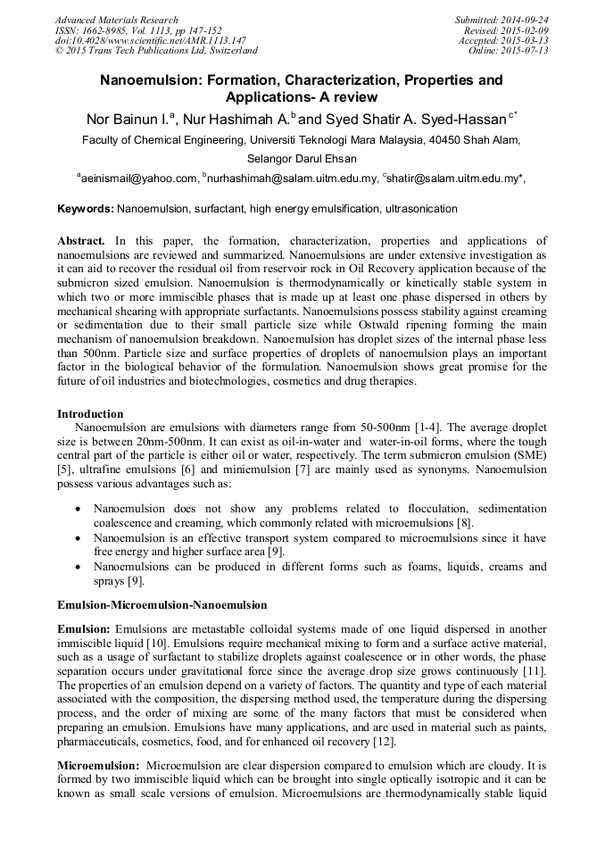 Nanoemulsion: Formation, Characterization, Properties and Applications ...