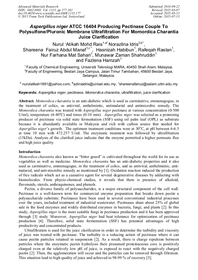 Aspergillus niger ATCC 16404 Producing Pectinase Couple to Polysulfone ...