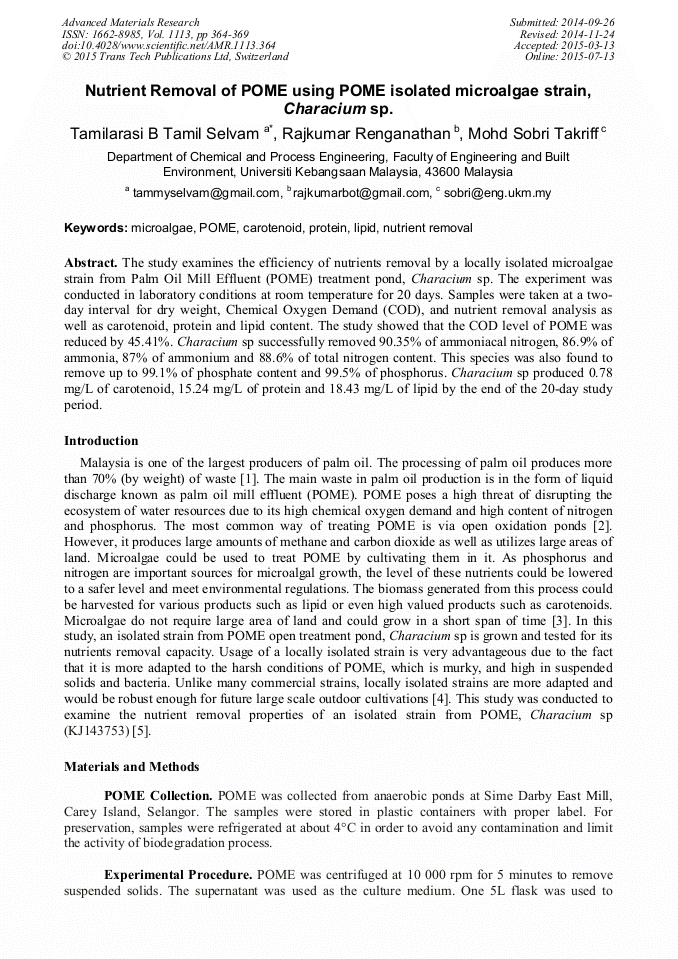 Nutrient Removal of POME Using POME Isolated Microalgae Strain ...