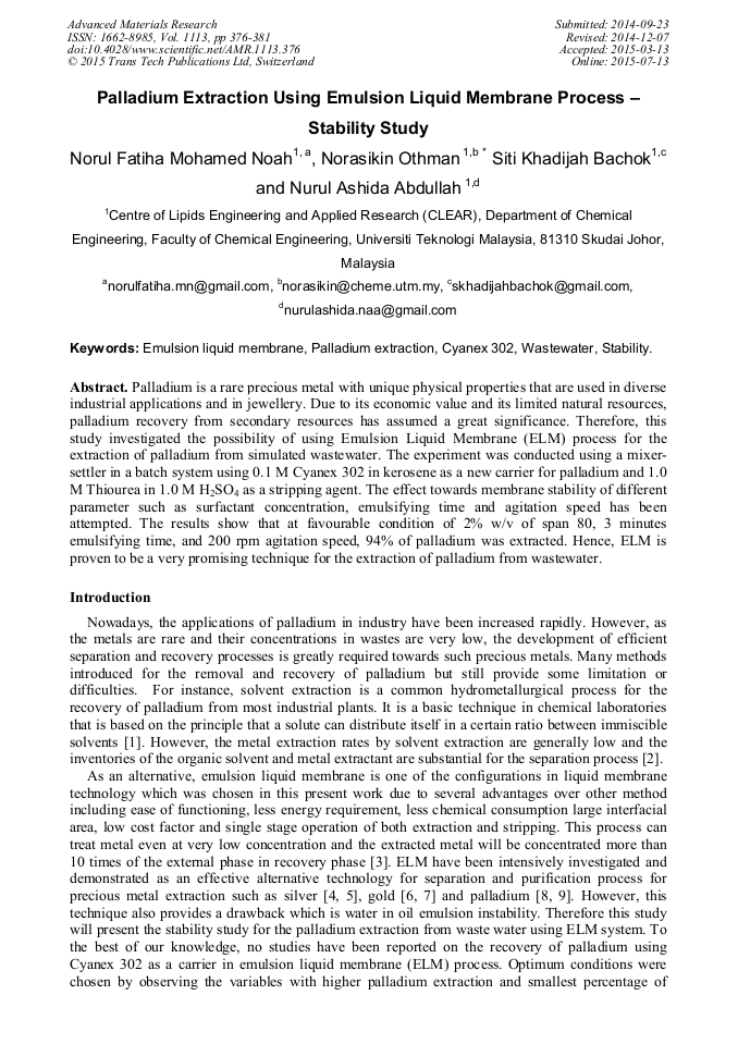 Palladium Extraction Using Emulsion Liquid Membrane Process – Stability ...