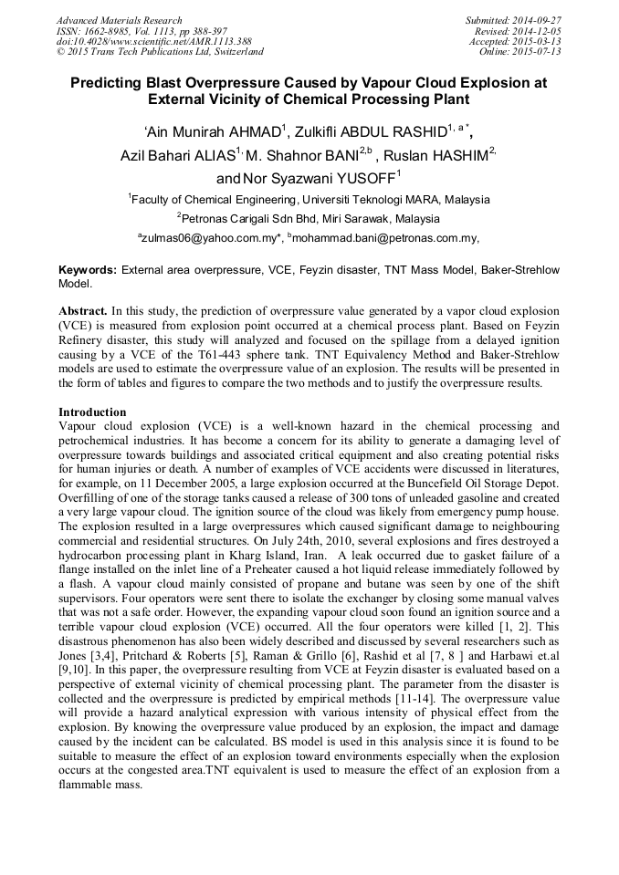 Predicting Blast Overpressure Caused by Vapour Cloud Explosion at ...