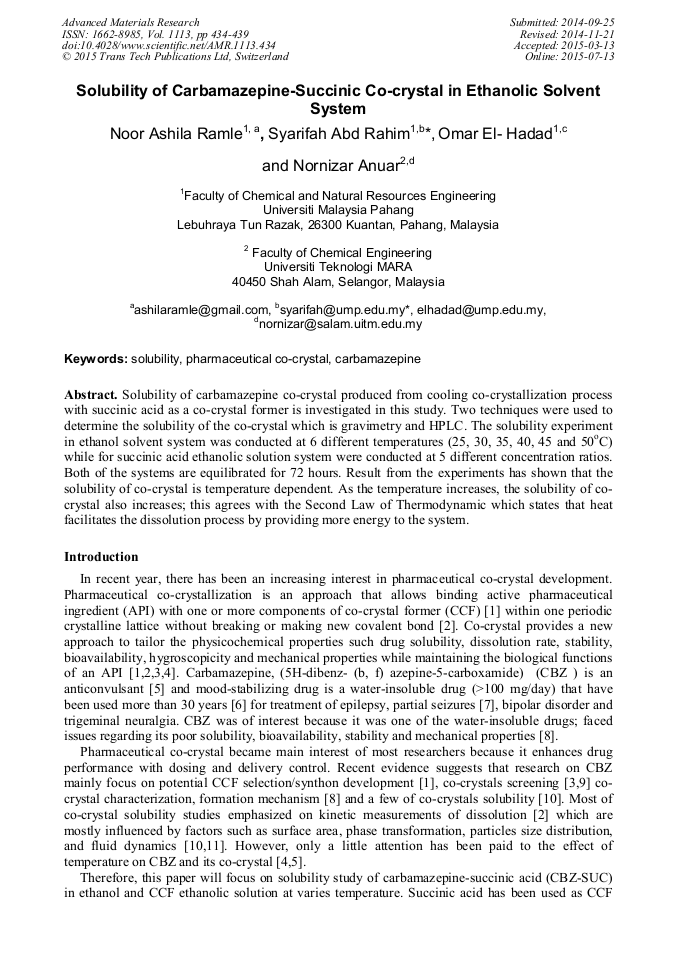 Solubility of Carbamazepine-Succinic Co-Crystal in Ethanolic Solvent ...