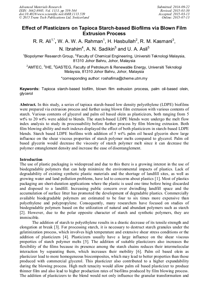 Effect of Plasticizers on Tapioca Starch-Based Biofilms via Blown Film ...