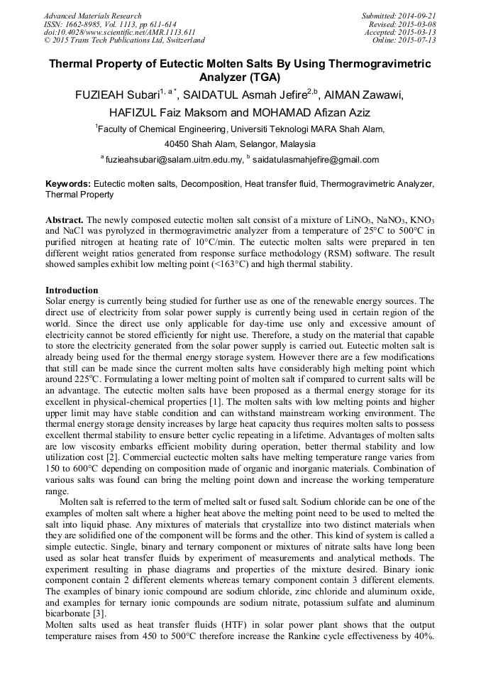 Thermal Property of Eutectic Molten Salts by Using Thermogravimetric ...
