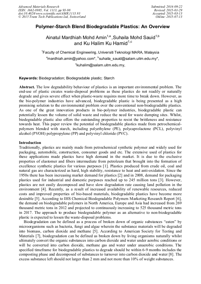 Polymer-Starch Blend Biodegradable Plastics: An Overview | Scientific.Net