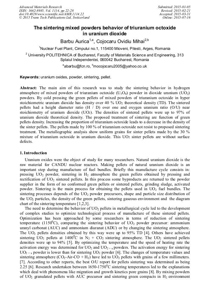 The Sintering Mixed Powders Behavior of Triuranium Octoxide in Uranium ...