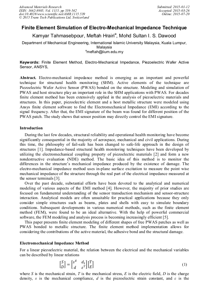 Finite Element Simulation of Electro-Mechanical Impedance Technique ...