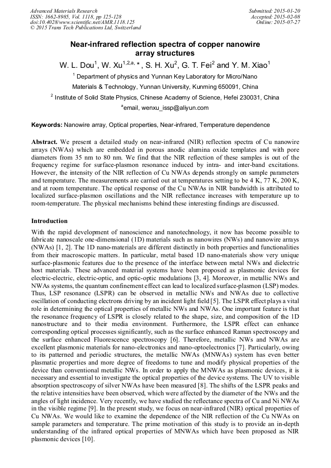 Near-Infrared Reflection Spectra of Copper Nanowire Array Structures ...