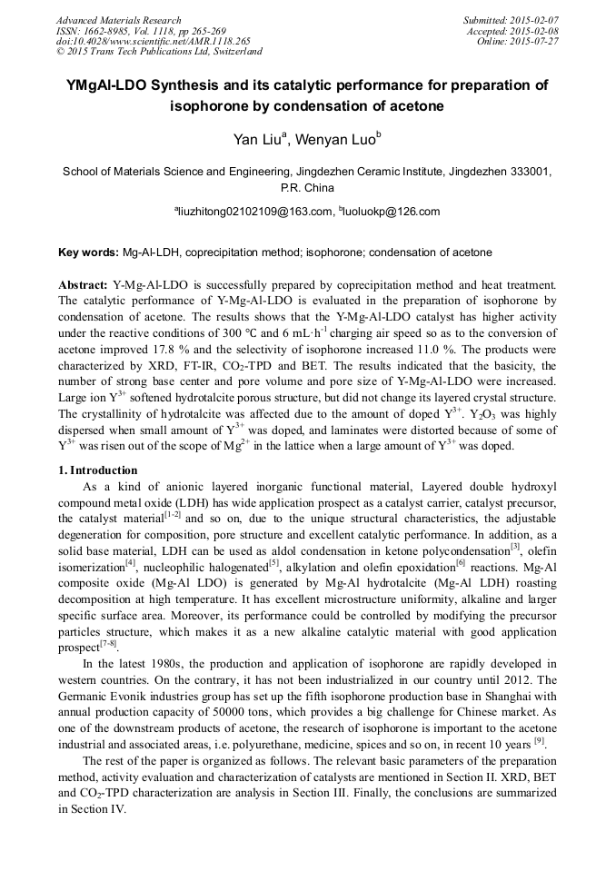 YMgAl-LDO Synthesis and its Catalytic Performance for Preparation of ...