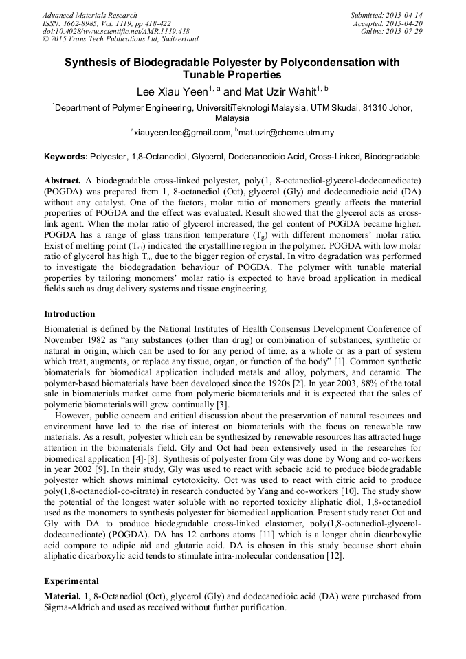 Synthesis of Biodegradable Polyester by Polycondensation with Tunable ...