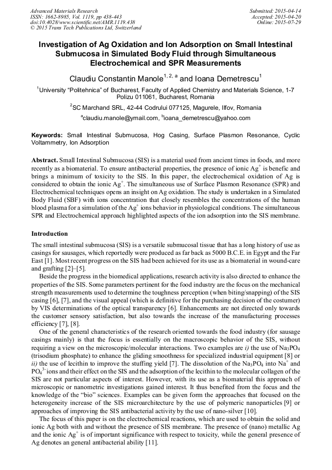 Investigation of Ag Oxidation and Ion Adsorption on Small Intestinal ...