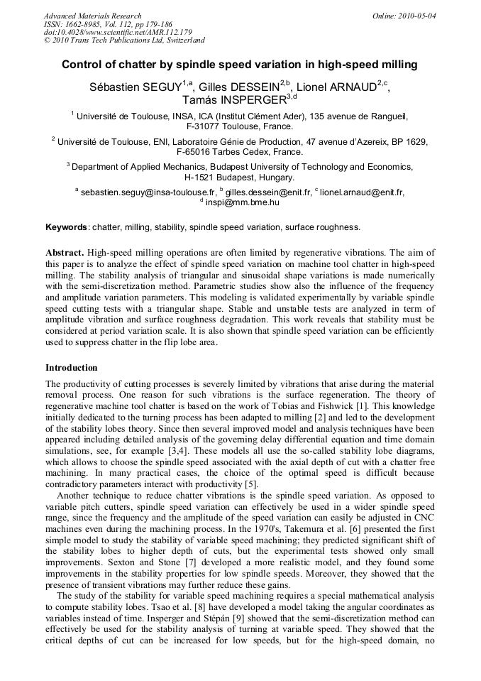 Control of Chatter by Spindle Speed Variation in High-Speed Milling ...