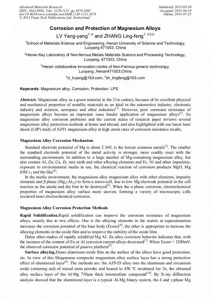 Corrosion and Protection of Magnesium Alloys | Scientific.Net