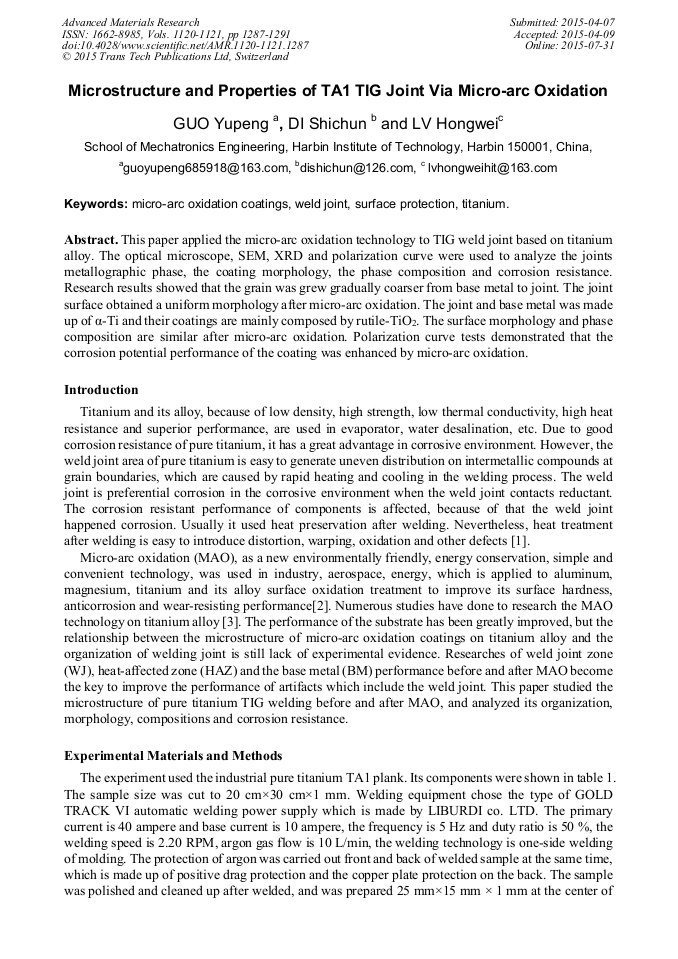 Microstructure and Properties of TA1 TIG Joint via Micro-Arc Oxidation ...