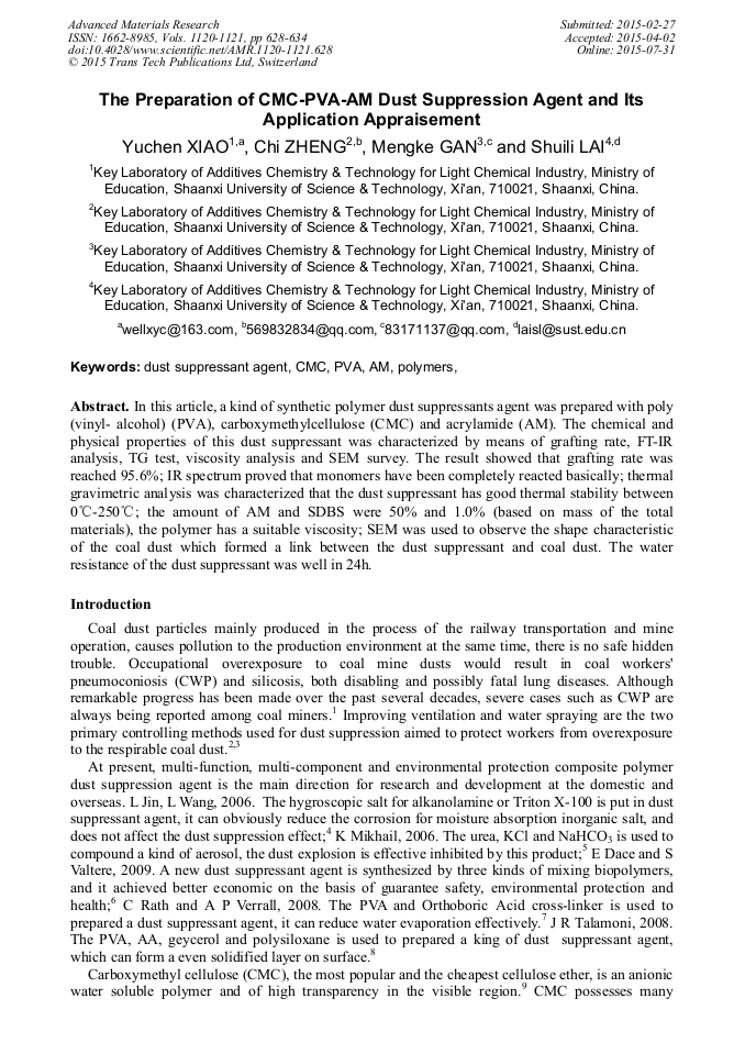 The Preparation of CMC-PVA-AM Dust Suppression Agent and its Application Appraisement ...