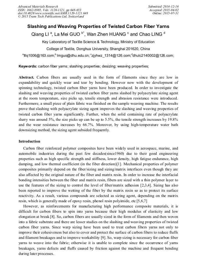 Slashing and Weaving Properties of Twisted Carbon Fiber Yarns ...