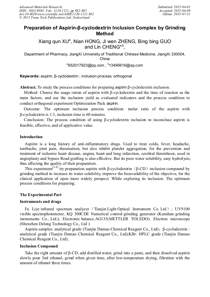 Preparation of Aspirin-β-Cyclodextrin Inclusion Complex by Grinding ...