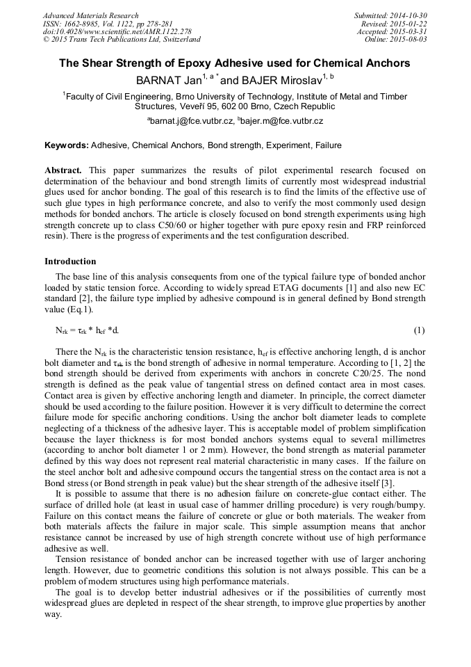 The Shear Strength of Epoxy Adhesive Used for Chemical Anchors ...