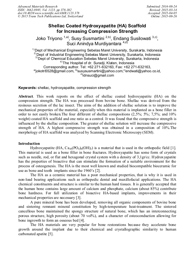 Shellac Coated Hydroxyapatite (HA) Scaffold for Increasing Compression ...