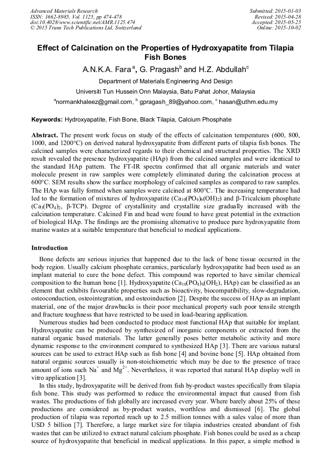 Effect of Calcination on the Properties of Hydroxyapatite from Tilapia ...