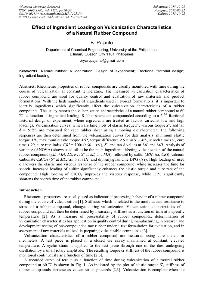 Effect of Ingredient Loading on Vulcanization Characteristics of a ...