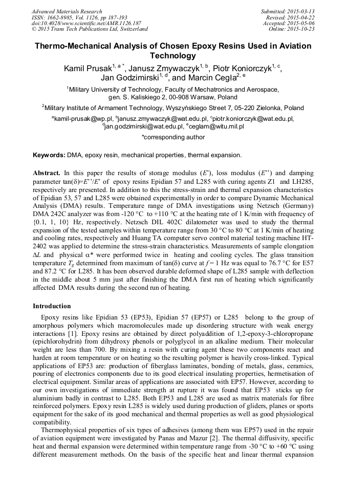 Thermo-Mechanical Analysis of Chosen Epoxy Resins Used in Aviation ...