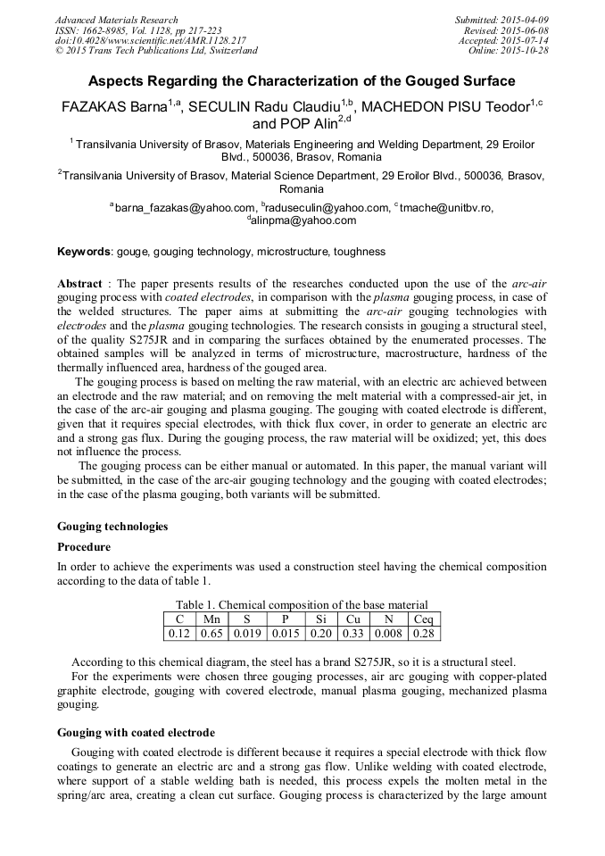 Aspects Regarding the Characterization of the Gouged Surface ...