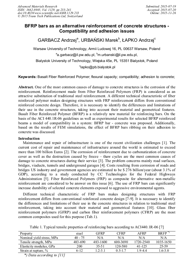 BFRP Bars as an Alternative Reinforcement of Concrete Structures ...