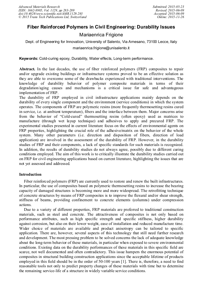 Fiber Reinforced Polymers in Civil Engineering: Durability Issues ...