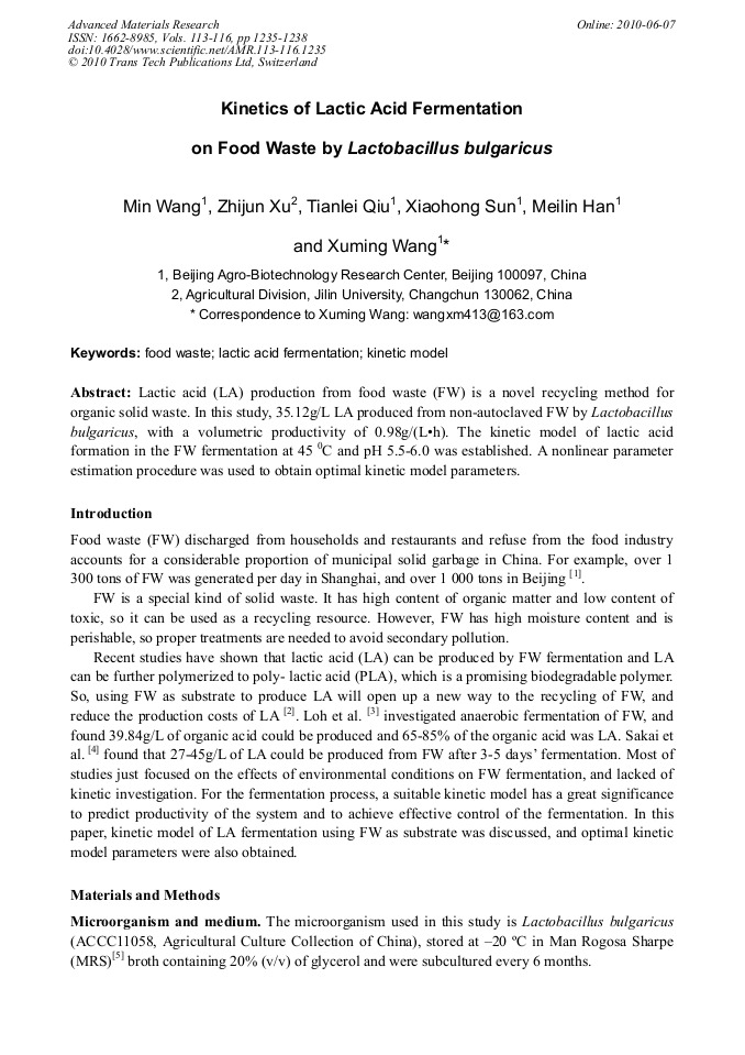 Kinetics of Lactic Acid Fermentation on Food Waste by Lactobacillus ...