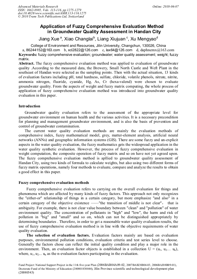 Application of Fuzzy Comprehensive Evaluation Method in Groundwater ...