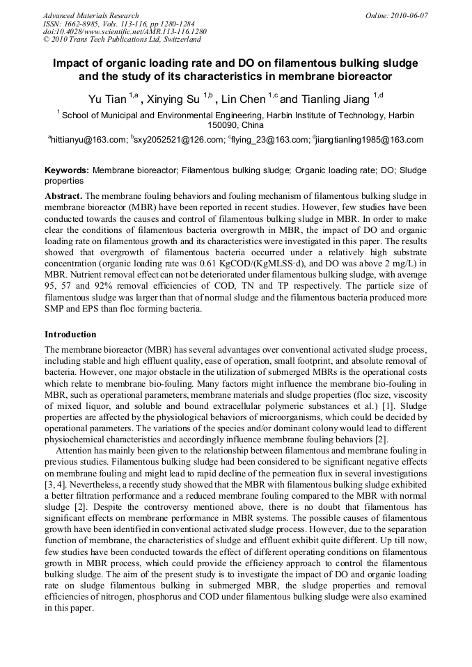 Impact of Organic Loading Rate and DO on Filamentous Bulking Sludge and ...