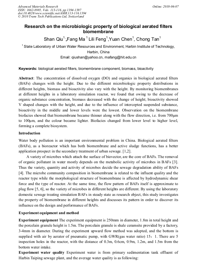Research on the Microbiologic Property of Biological Aerated Filters ...
