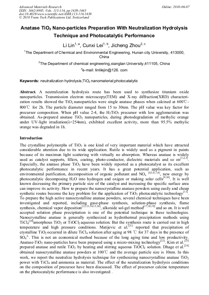 Anatase TiO2 Nano-Particles Preparation with Neutralization Hydrolysis ...