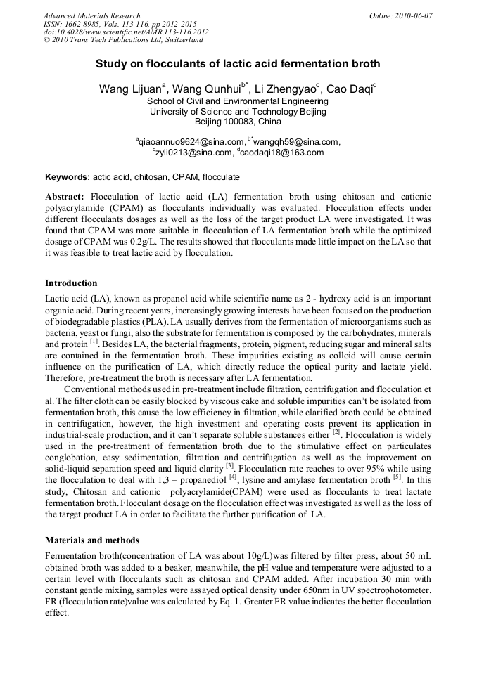 Study on Flocculants of Lactic Acid Fermentation Broth | Scientific.Net