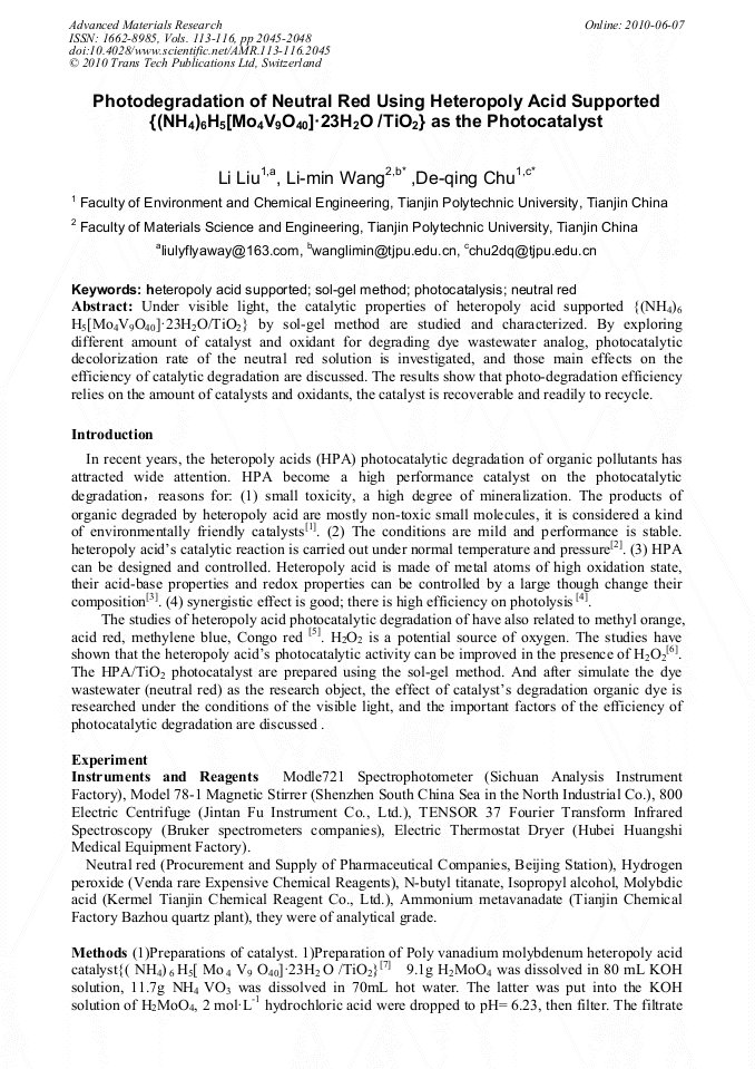 Photodegradation of Neutral Red Using Heteropoly Acid Supported {(NH4 ...