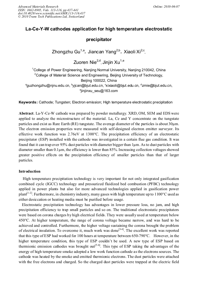 La-Ce-Y-W Cathodes Application for High Temperature Electrostatic ...