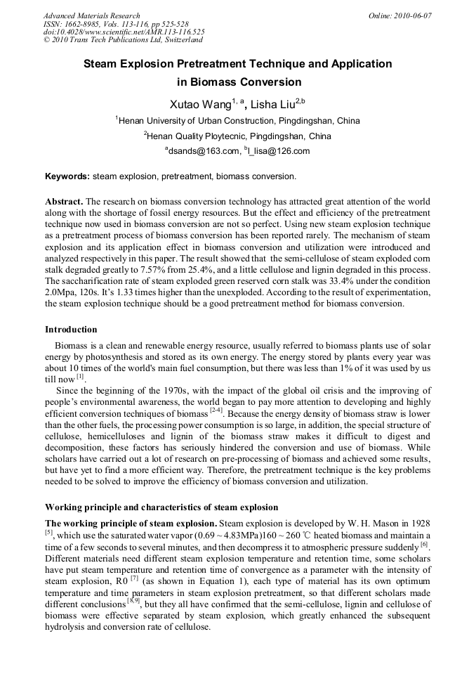 Steam Explosion Pretreatment Technique and Application in Biomass ...