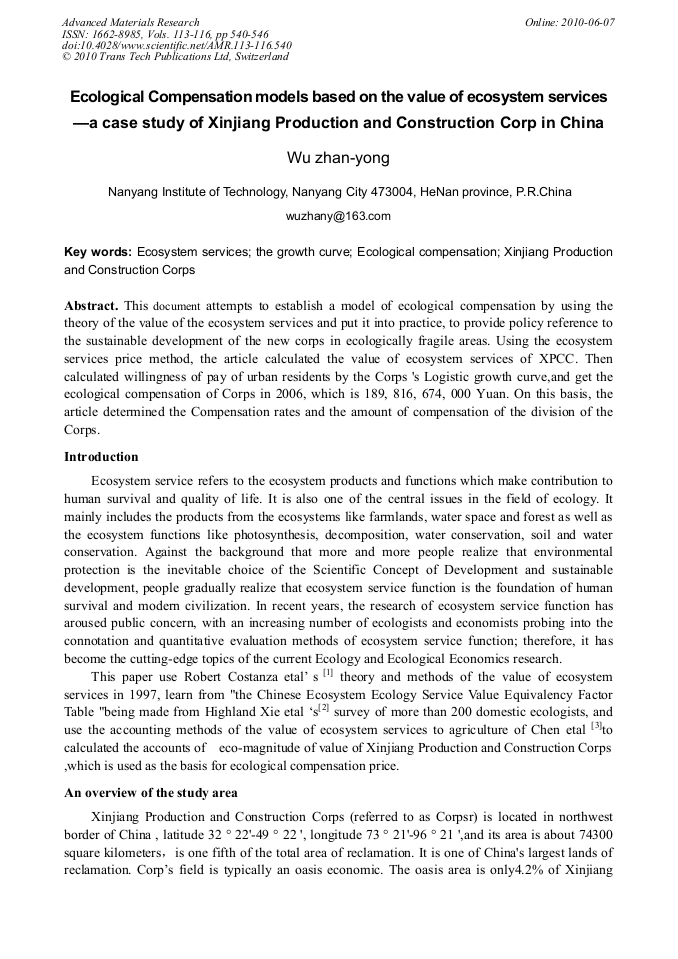 Ecological Compensation Models Based on the Value of Ecosystem Services ...