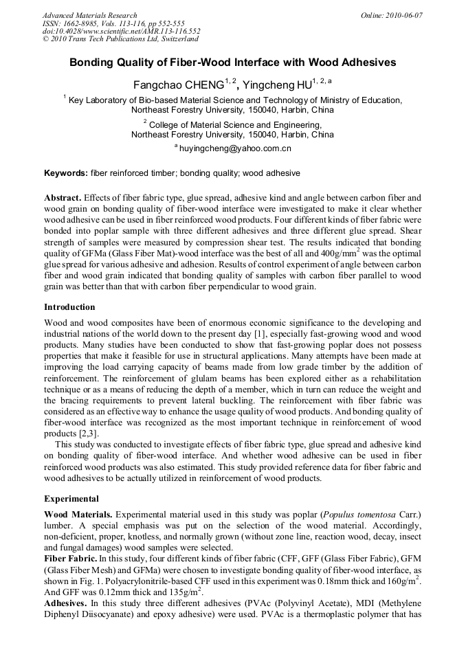 Bonding Quality of Fiber-Wood Interface with Wood Adhesives ...