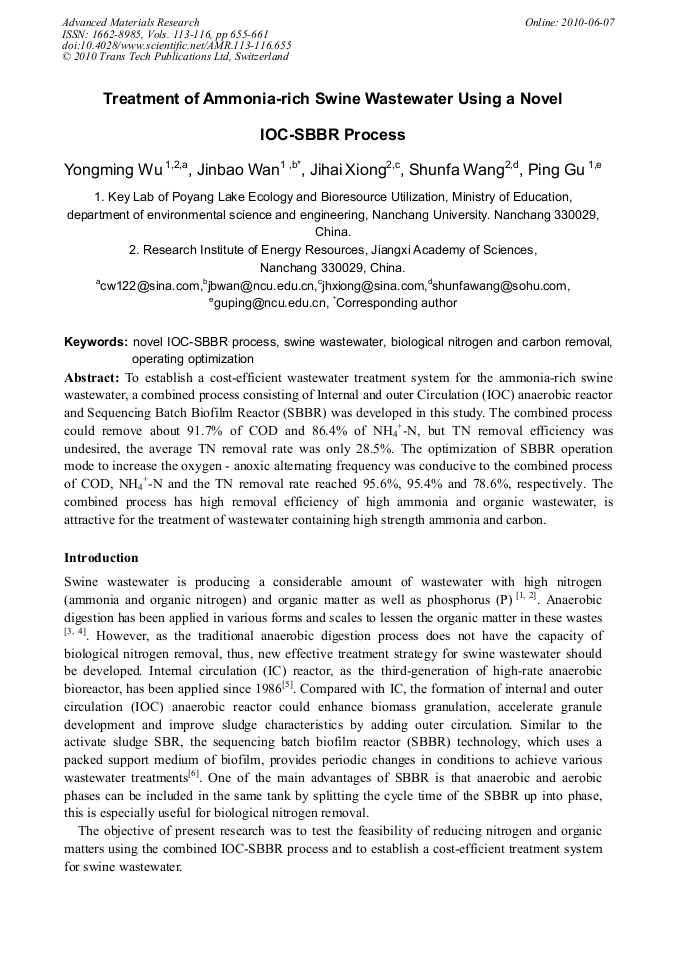 Treatment of Ammonia-Rich Swine Wastewater Using a Novel IOC-SBBR Process | Scientific.Net