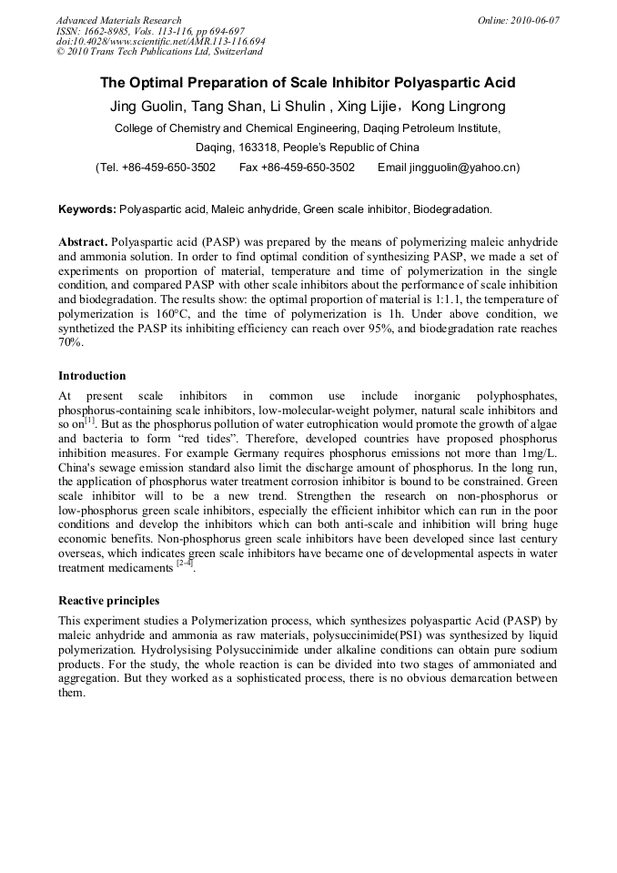 The Optimal Preparation of Scale Inhibitor Polyaspartic Acid ...