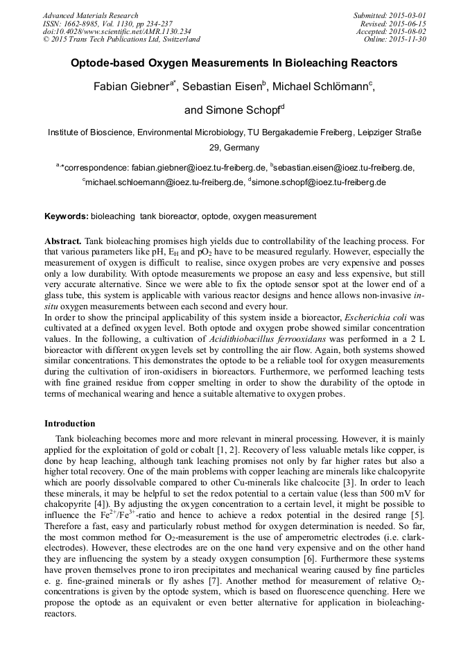 Optode-Based Oxygen Measurements in Bioleaching Reactors | Scientific.Net