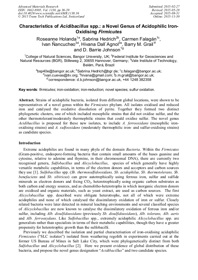 Characteristics of Acidibacillus Spp.: A Novel Genus of Acidophilic ...