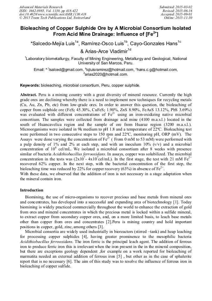 Bioleaching of Copper Sulphide Ore by a Microbial Consortium Isolated ...