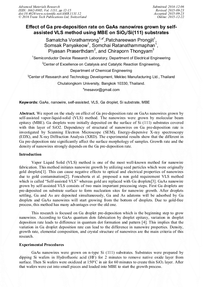 Effect of Ga Pre-Deposition Rate on GaAs Nanowires Grown by Self ...