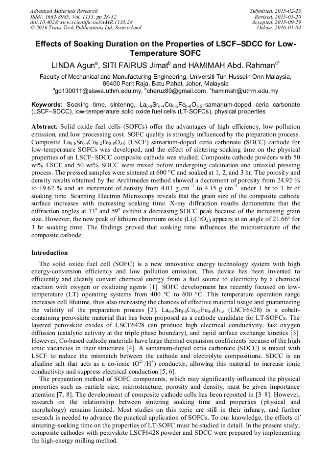 Effects of Soaking Duration on the Properties of LSCF–SDCC for Low ...